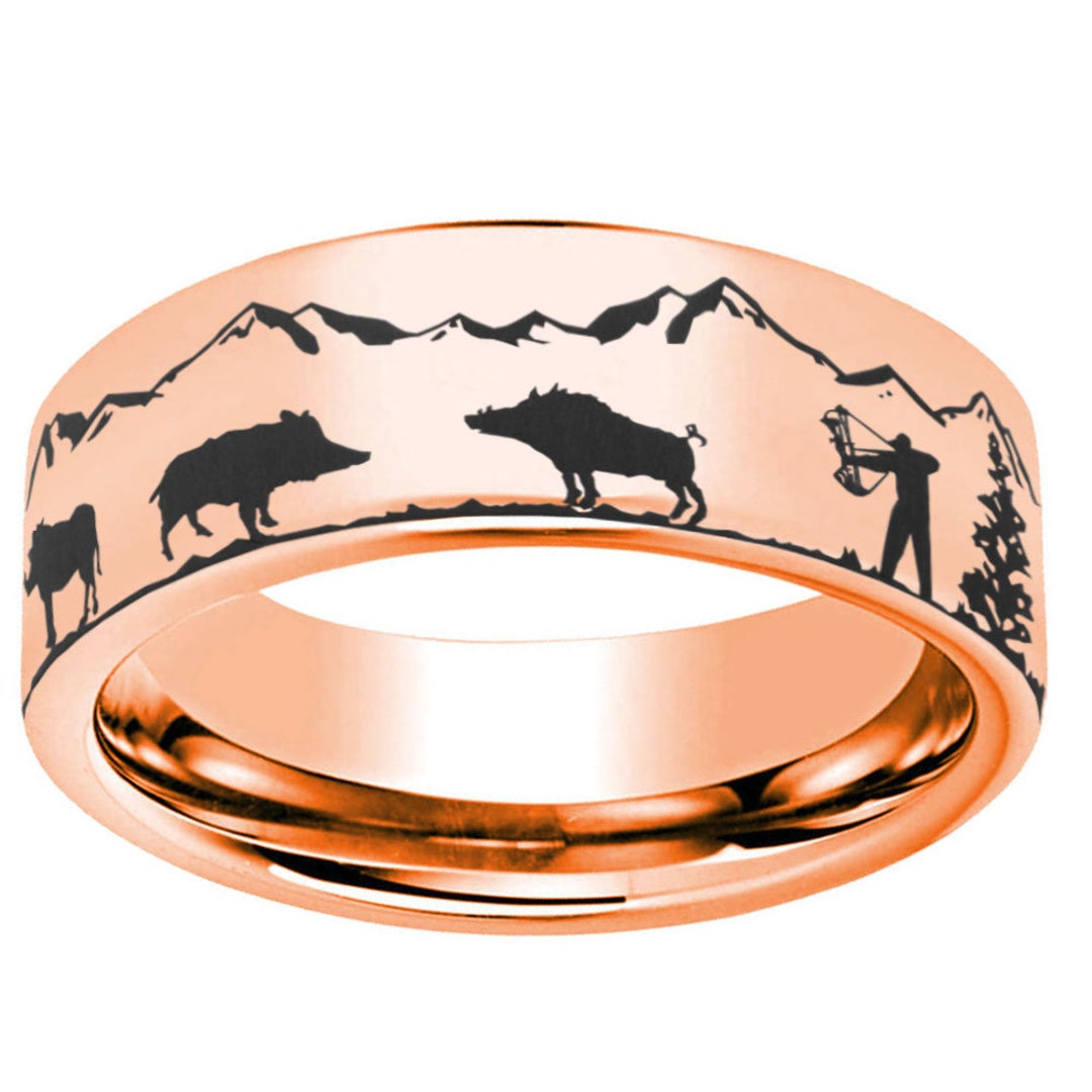 Tungsten Bow Hunting Ring, Wild Boar Ring, Pipe Cut Black Tungsten ...