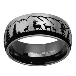 10mm Tungsten Deer Family Hunting Scene Ring, Beveled Black Tungsten ...