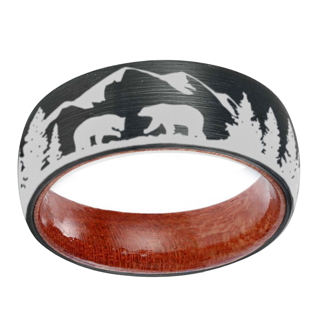 Black Tungsten Two Bears Ring: Forest Mountain Rose Wood Inlay Wedding ...