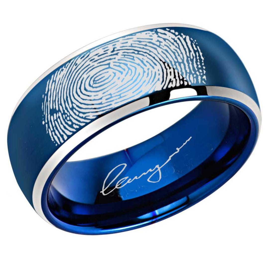 Custom Fingerprint Rings, Blue Tungsten Thumbprint Ring, Male Wedding ...
