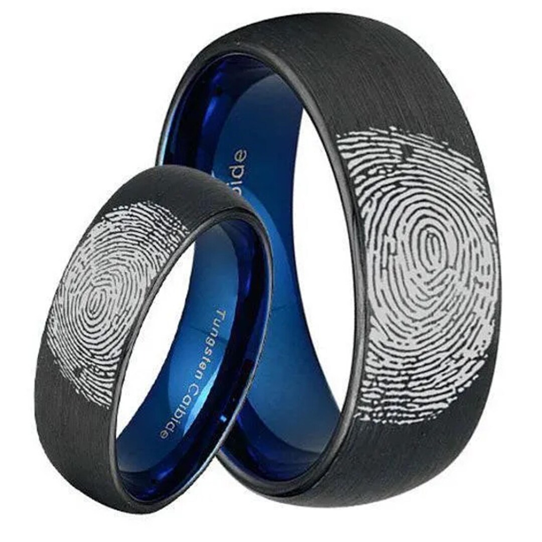 His and Hers Thumbprint Promise Ring Set, Fingerprint Blue Tungsten ...