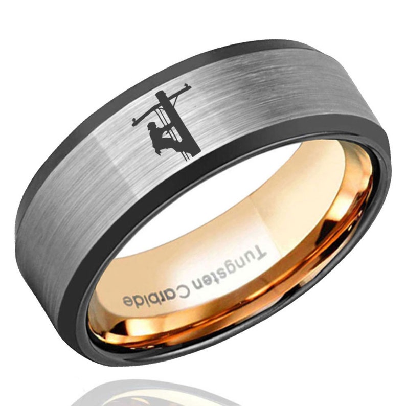 8mm Lineman Design Tungsten Ring Beveled Blue Black Tungsten - Etsy