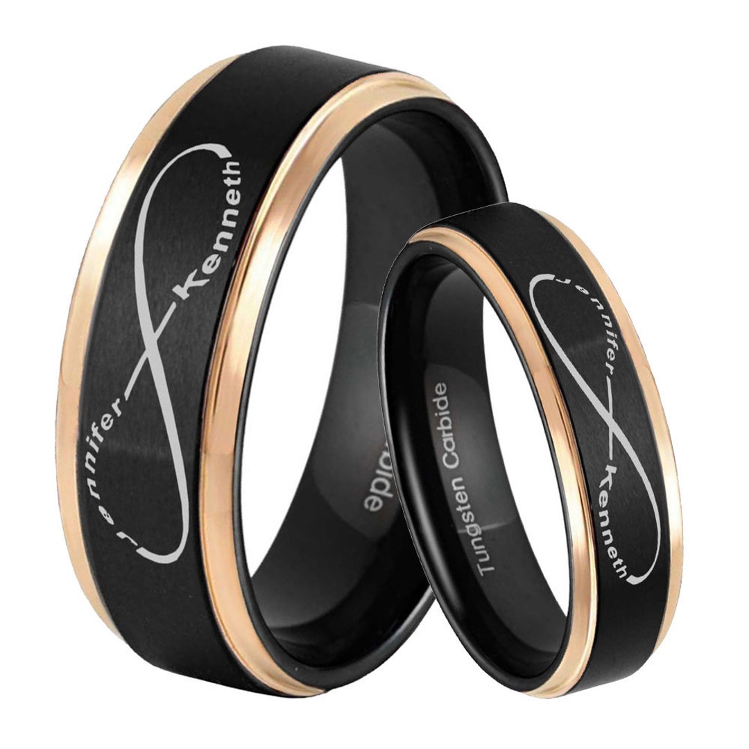 His Hers Infinity Two Name Engraved Tungsten Wedding Set Rings , Step ...