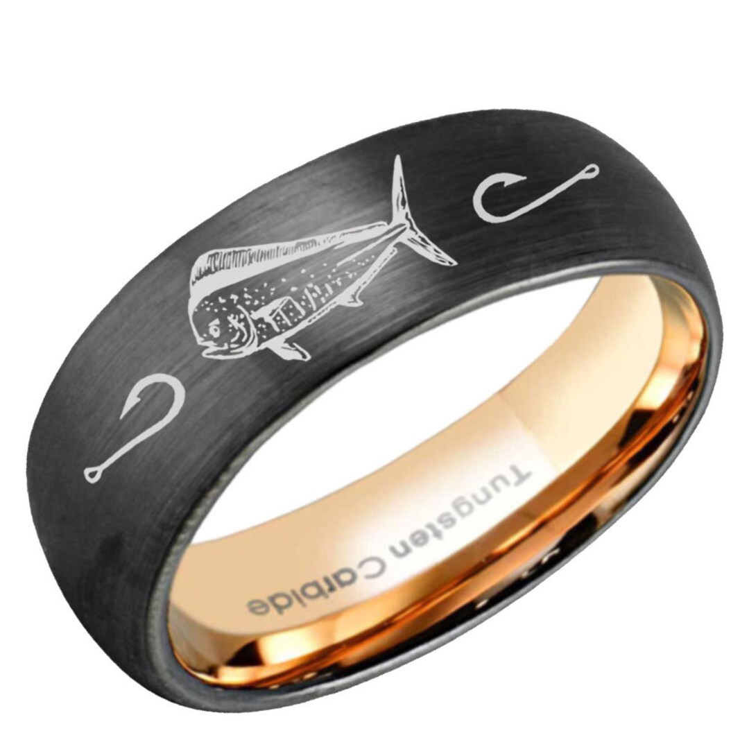 Mahi Dolphin Fishing Wedding Ring, 8mm Black Fish Hooks Men's Tungsten ...