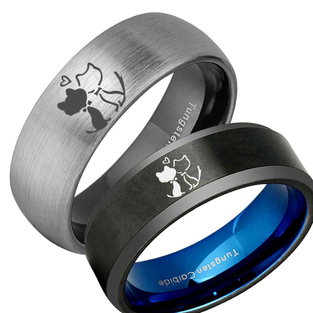 Cat and Heart Wedding Band Mens, 8mm Tungsten Animal Cat Ring ...