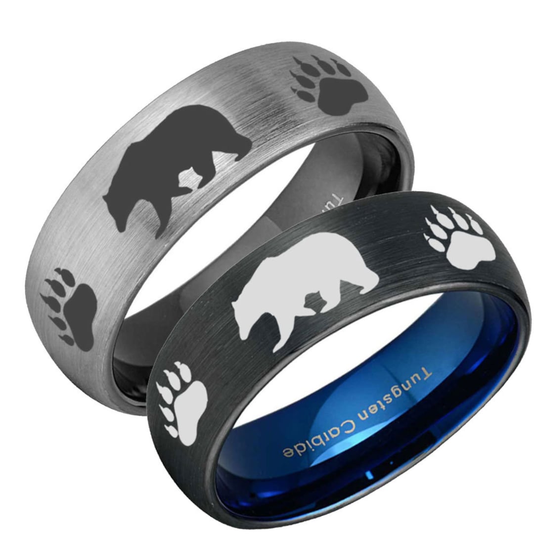 Bear Paws Ring, Black Tungsten Bear Paw Print Ring, Animal Band Rings ...