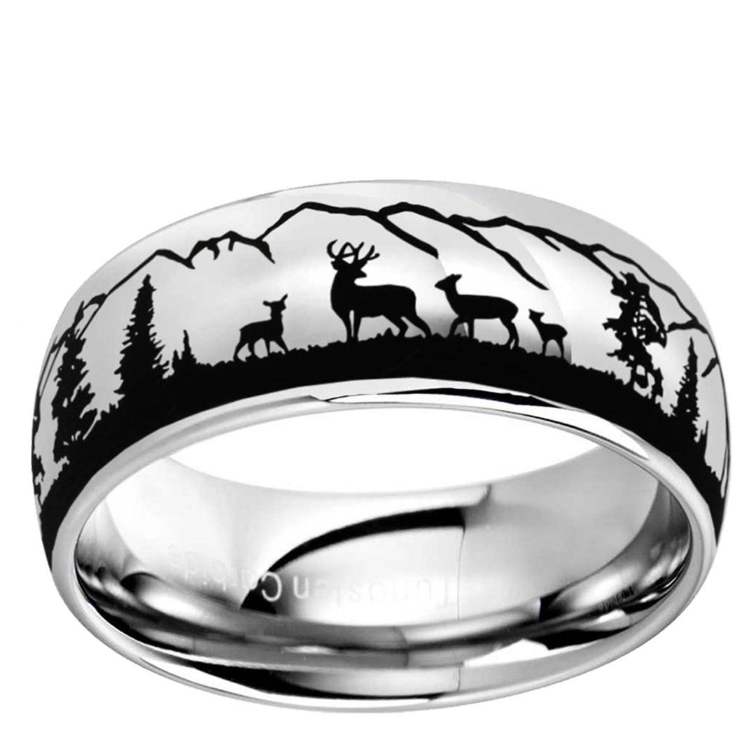 5 to 8mm Deer Antler Silver Mountain Range Ring, Forest Ring, Mens Moose Rings, Mens Wedding ...
