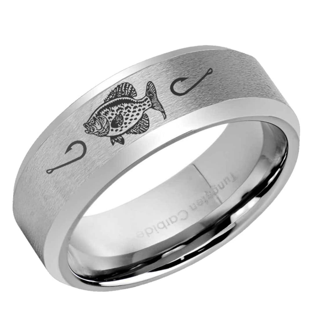 Crappie Fish Hooks Ring, 8mm Black Blue Tungsten Fishing Wedding Ring ...