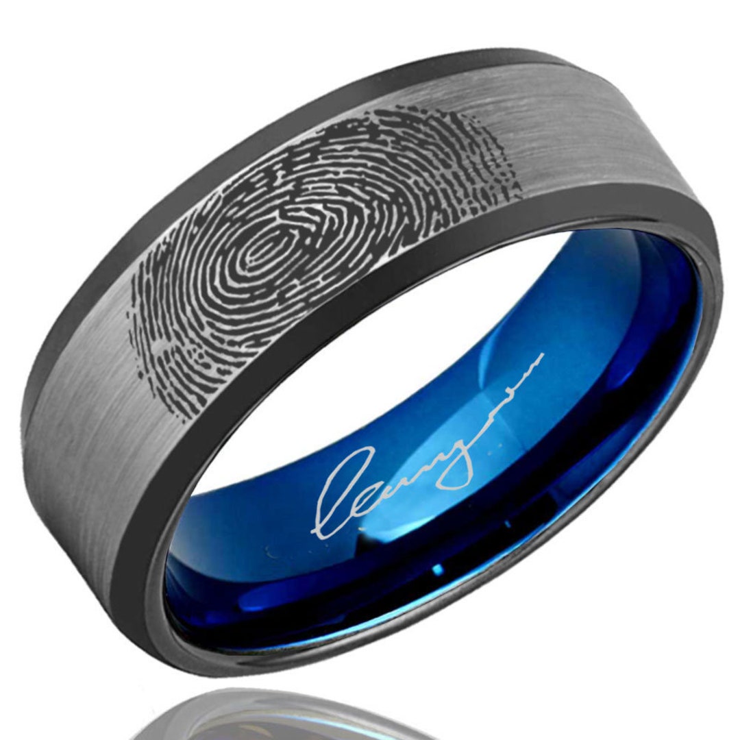 Finger Print Ring, Wedding Fingerprint, Blue Tungsten Band, Mens ...