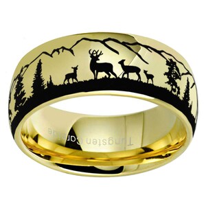 10mm Tungsten Deer Family Hunting Scene Ring, Beveled Black Tungsten ...