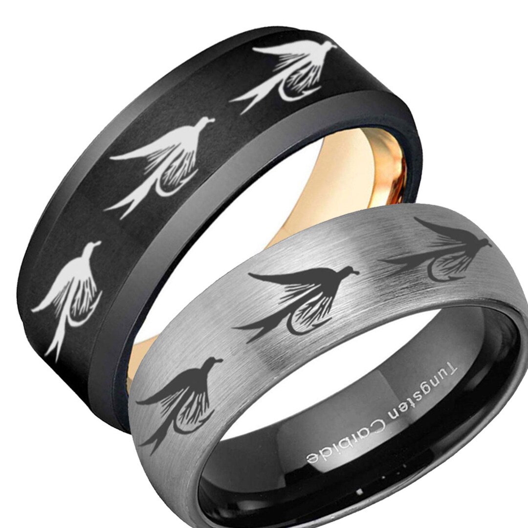 8mm Tungsten Fly Fishing Ring, Black & Blue, Laser Engraved Wedding ...