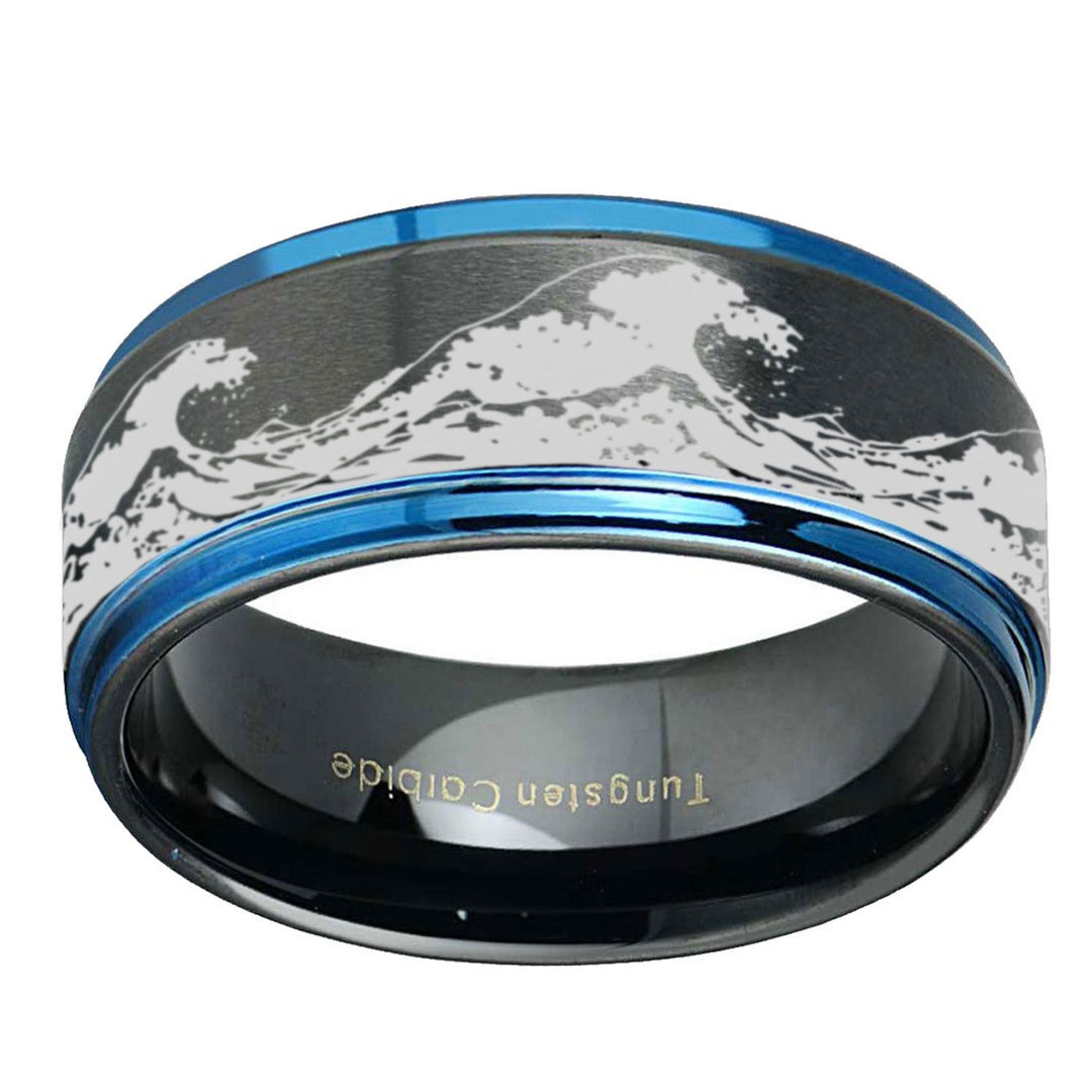 8mm Tungsten Wave Pattern Ring, Ocean Wave Black Mens Wedding Ring ...