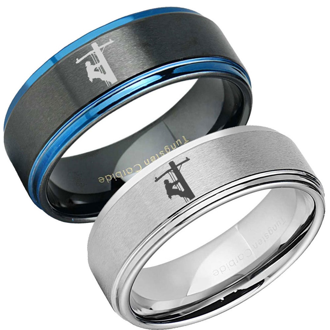 Tungsten Lineman Wedding Band, Blue Step Edges Black Tungsten Linemen ...
