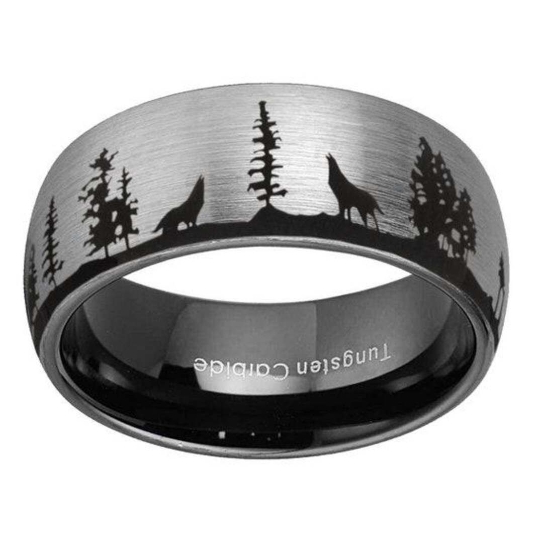 6, 8mm Tungsten Howling Wolves Scene Ring, Dome Gray Tungsten Wolf in Forest Male Wedding Band ...
