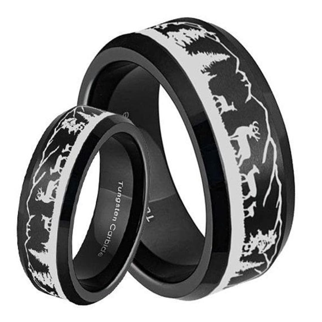 His and Hers Deer Hunting Wedding Ring Set, Deer Antler, Black Tungsten ...