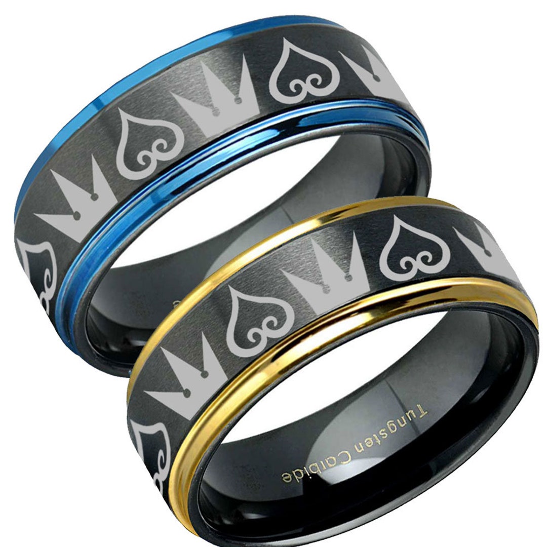Kingdom Hearts Crown Tungsten Ring, Blue Step Edges, Engraved - Etsy