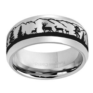 10mm Tungsten Deer Family Hunting Scene Ring, Beveled Black Tungsten ...