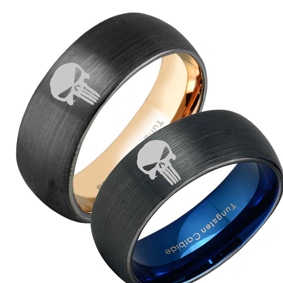 Skull Punisher Ring, Dome Rose Gold Black Tungsten Skull Biker Ring ...