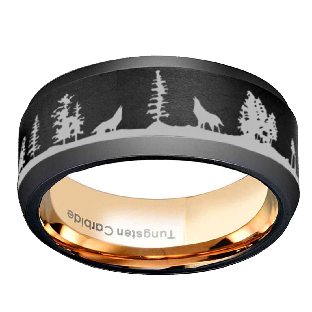 Howling Wolf Scene Ring, 8mm Beveled Black Tungsten Wolf in Forest Ring, Tungsten Wolves Wedding ...