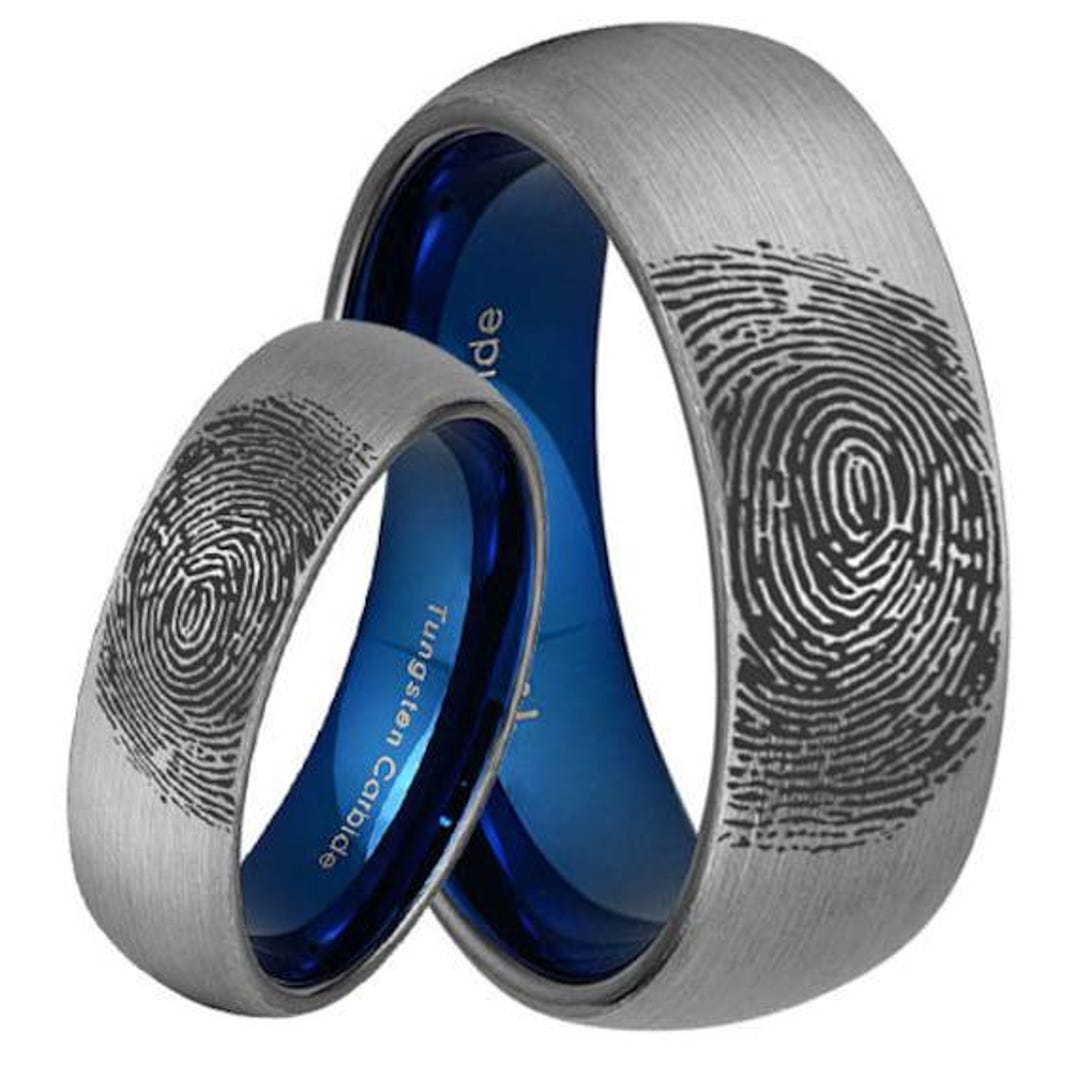 Fingerprint Wedding Ring for Him and Her, Blue Tungsten Engagement Ring ...
