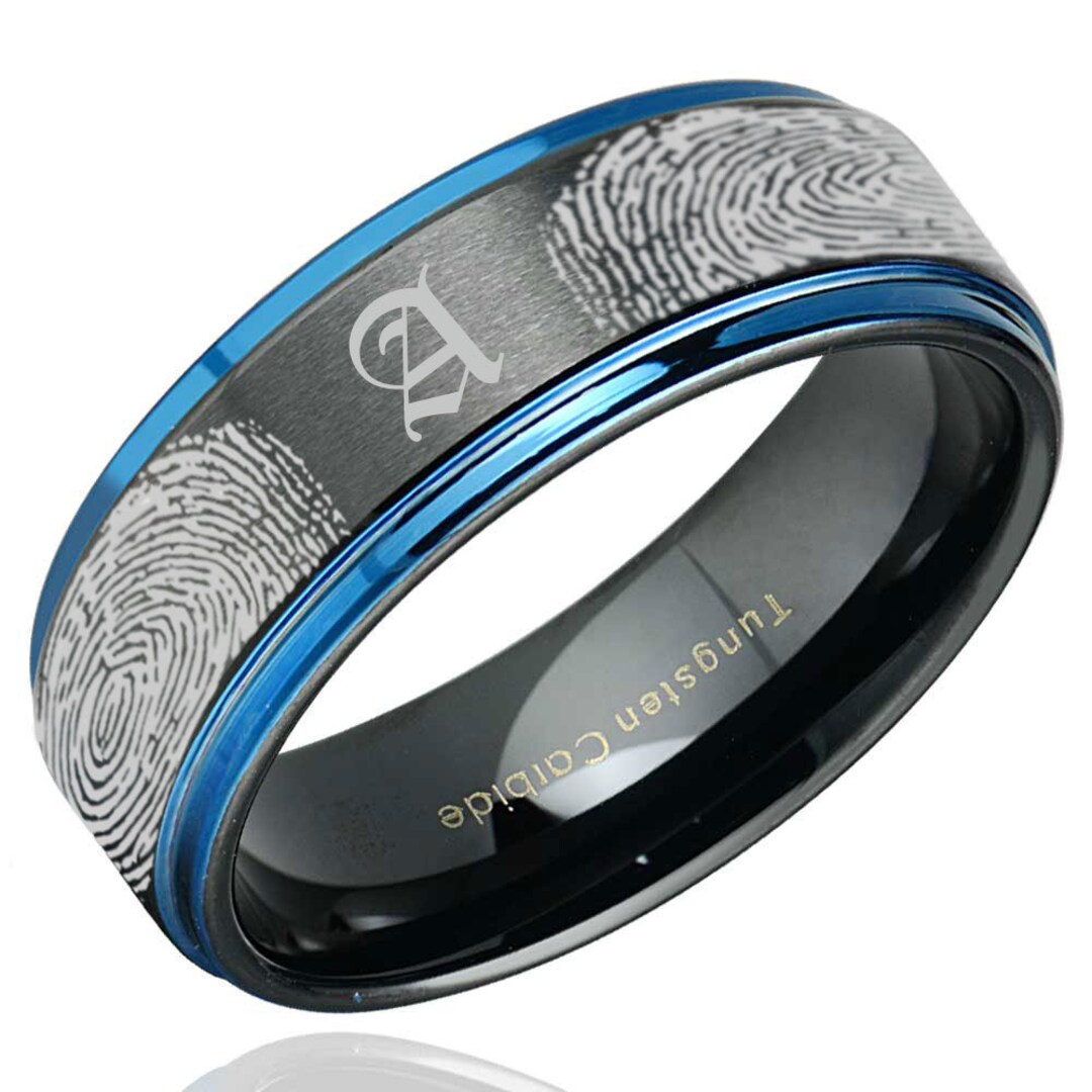 Custom Two Fingerprint Rings, 8mm Step Edges Tungsten Thumbprint Family ...