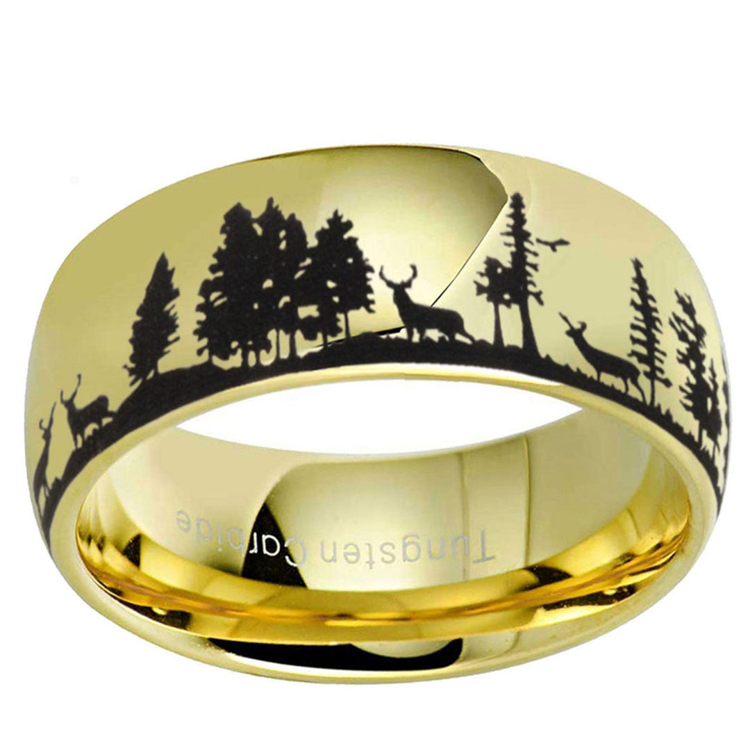 Gold Tungsten Deer Antler Ring, Engraved Forest Landscape Band - Etsy