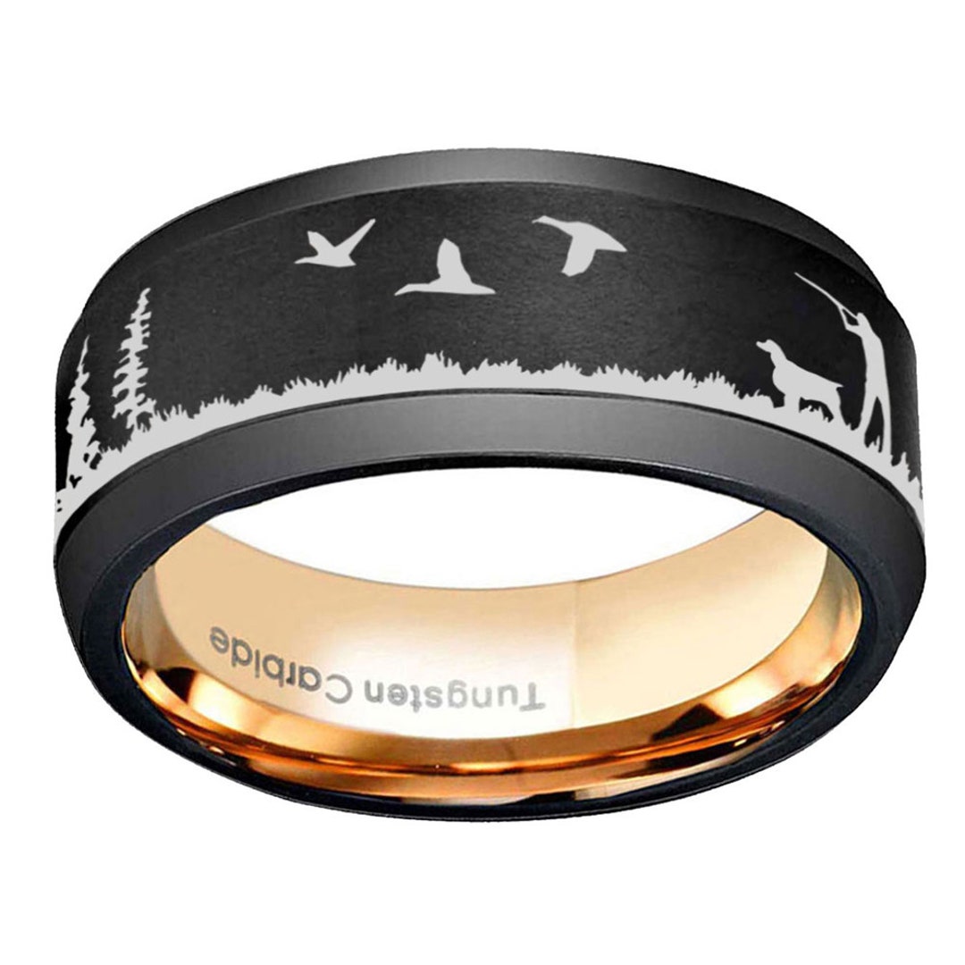 Flying Duck Hunting Ring, Rose Gold Tungsten Nature Forest Tungsten ...