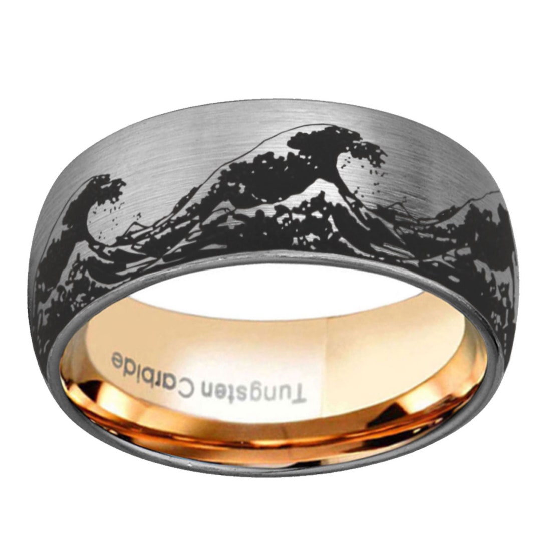 Wave Pattern Ring, Rose Gold Dome Blue Tungsten Ocean Beach Mens ...
