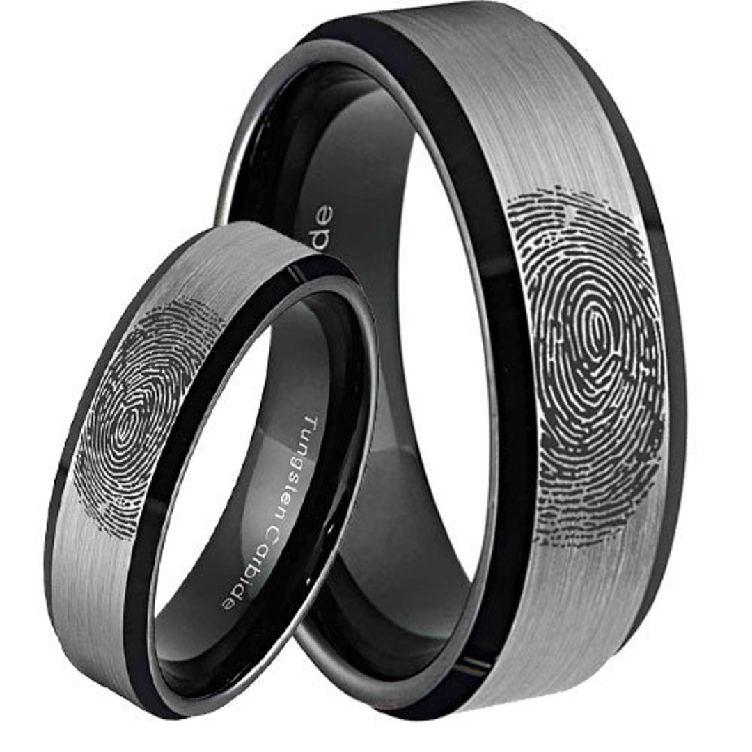 Fingerprint Bridal Ring Set, Black Tungsten Thumbprint Ring, Men's ...