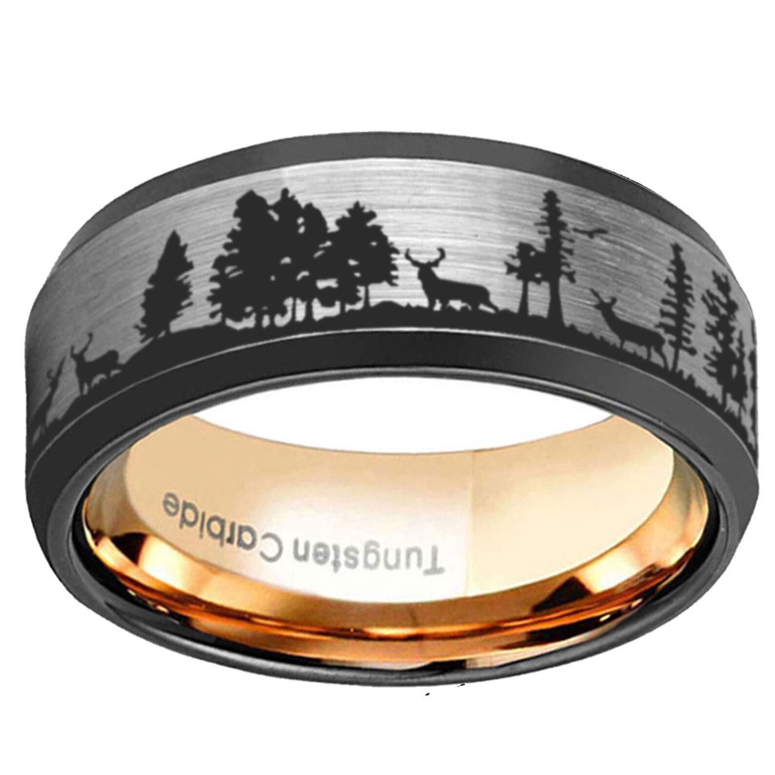 8mm Deer Hunting Tungsten Ring, Antler Forest Landscape Beveled Black ...