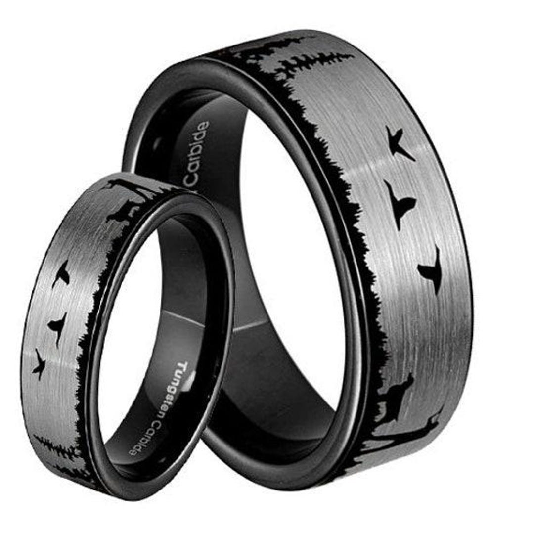 His and Hers Duck Hunting Wedding Ring Set. Pipe Cut Black and Gray ...