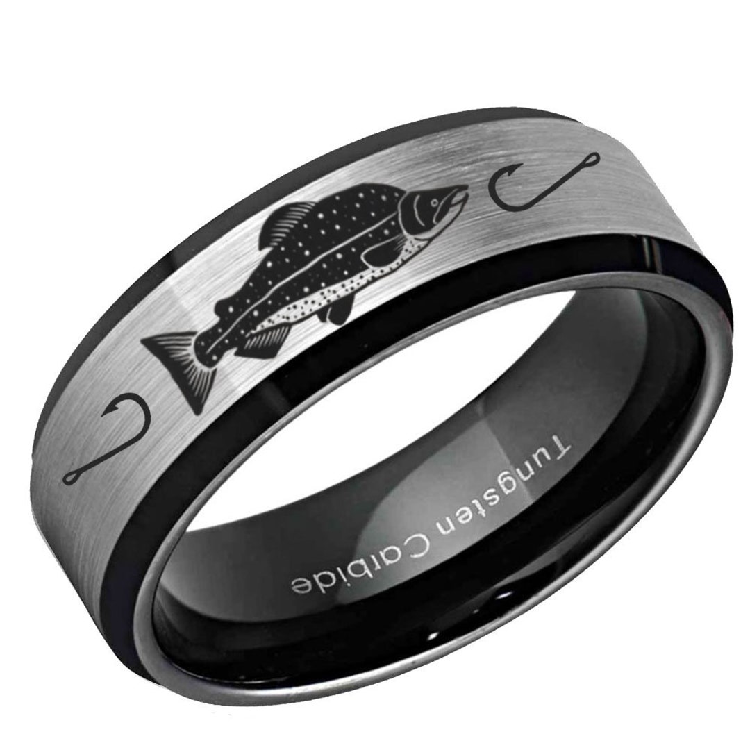 Salmon Fish Hooks Ring, 8mm Black Tungsten Fishing Hooks Male Wedding ...