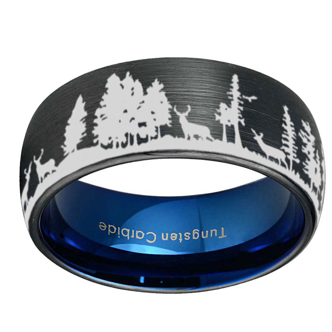 6, 8mm Deer Hunting Antler Ring, Forest Landscape Dome Black and Blue ...