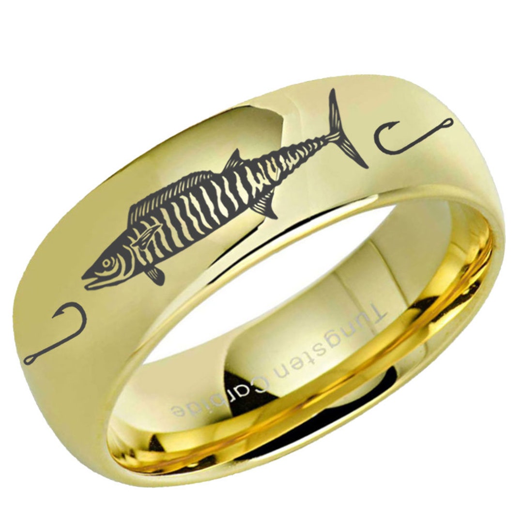 Wahoo Fishing Tungsten Ring, Black & Rose Gold Fish Hook Wedding Band ...