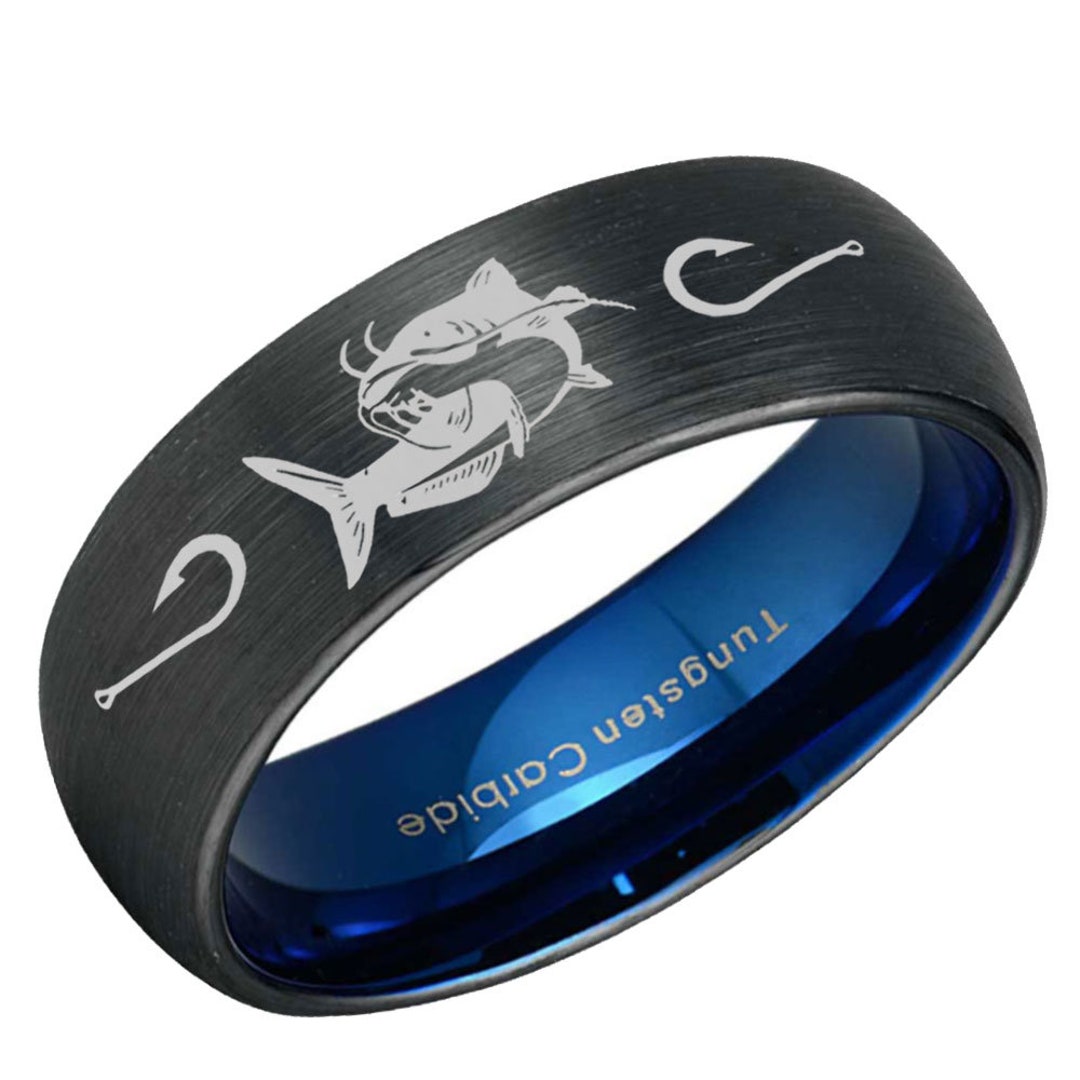 Catfish Ring, 8mm Black Tungsten Catfish Fishing Hook Wedding Band ...