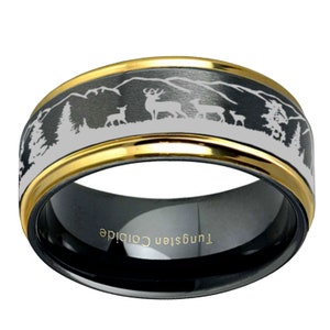 10mm Tungsten Deer Family Hunting Scene Ring, Beveled Black Tungsten ...