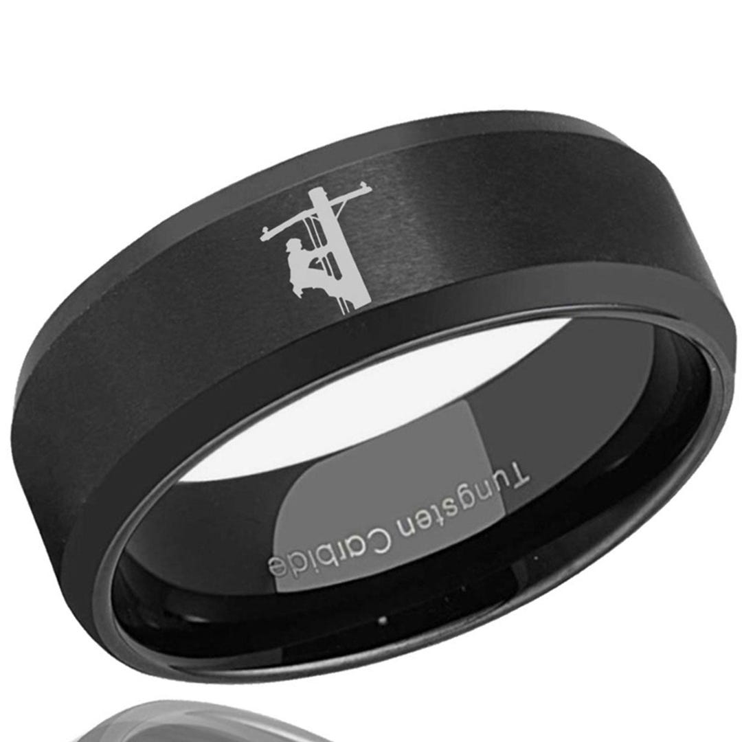 6mm 8mm Tungsten Lineman Wedding Bands, Beveled Edge Black Tungsten ...