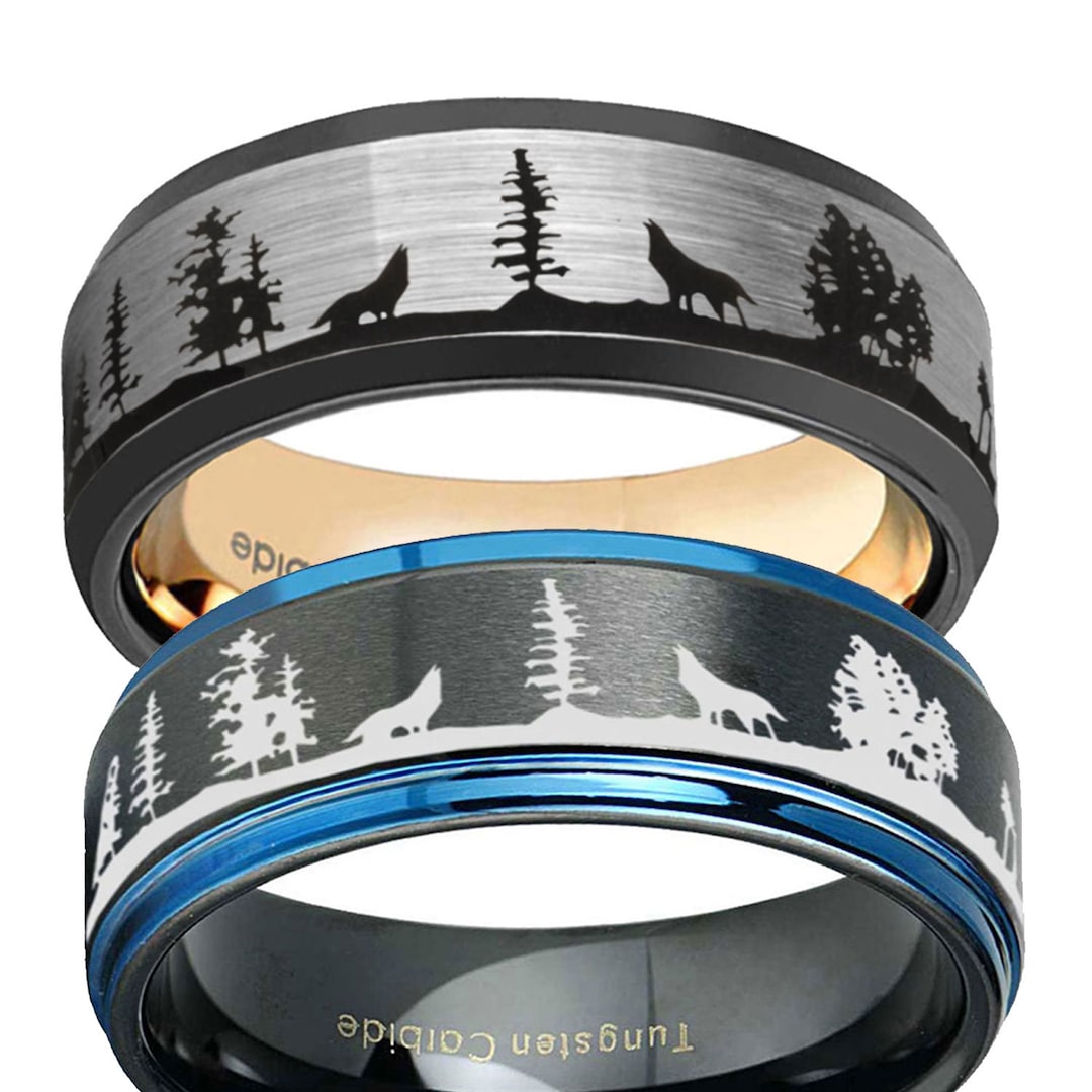6mm Tungsten Howling Wolf Ring, Gray Black Tungsten Wolves Wedding Band Womens, Promise Ring for ...