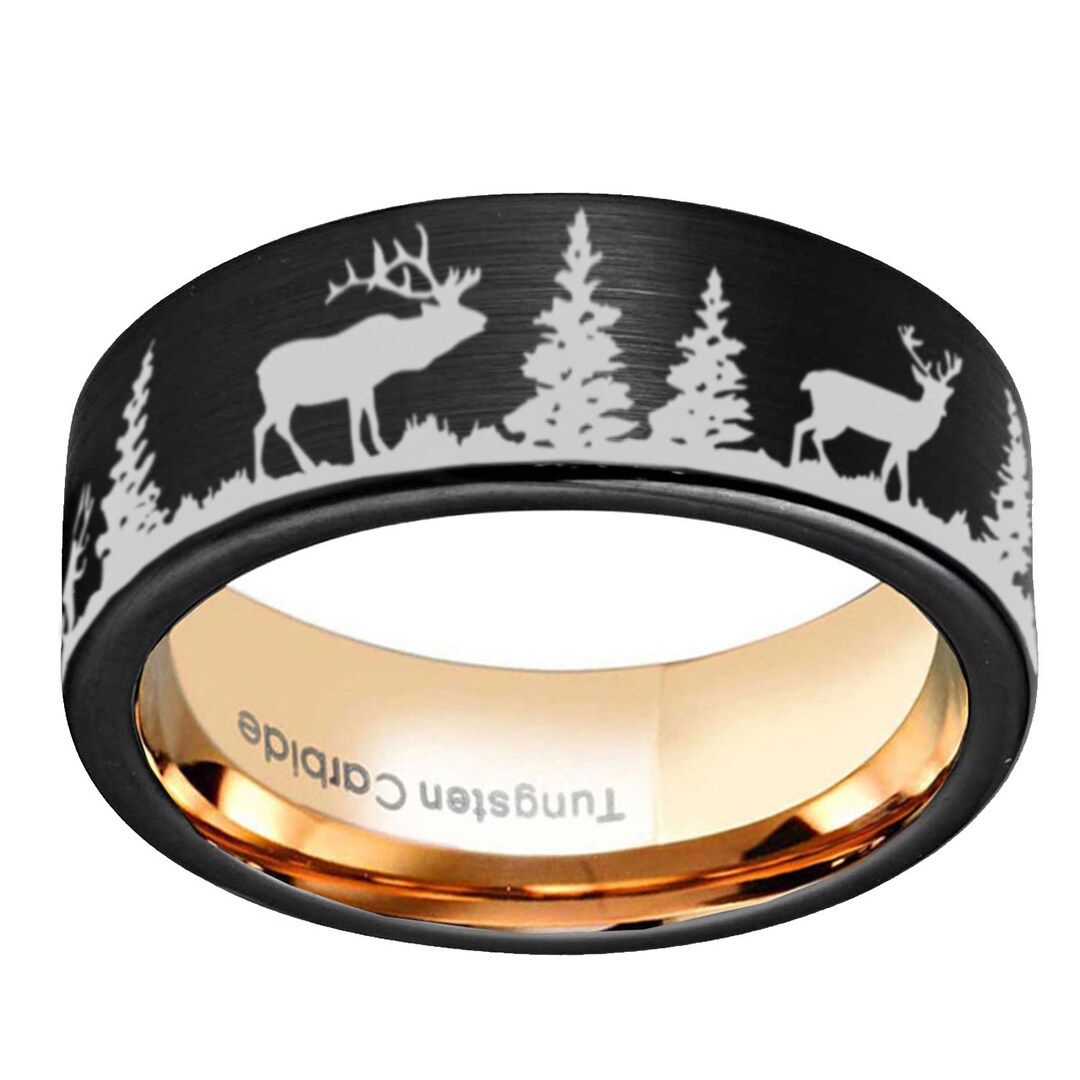 Antler Elk Engagement Ring, 8mm Flat Pipe Cut Black Tungsten Deer ...