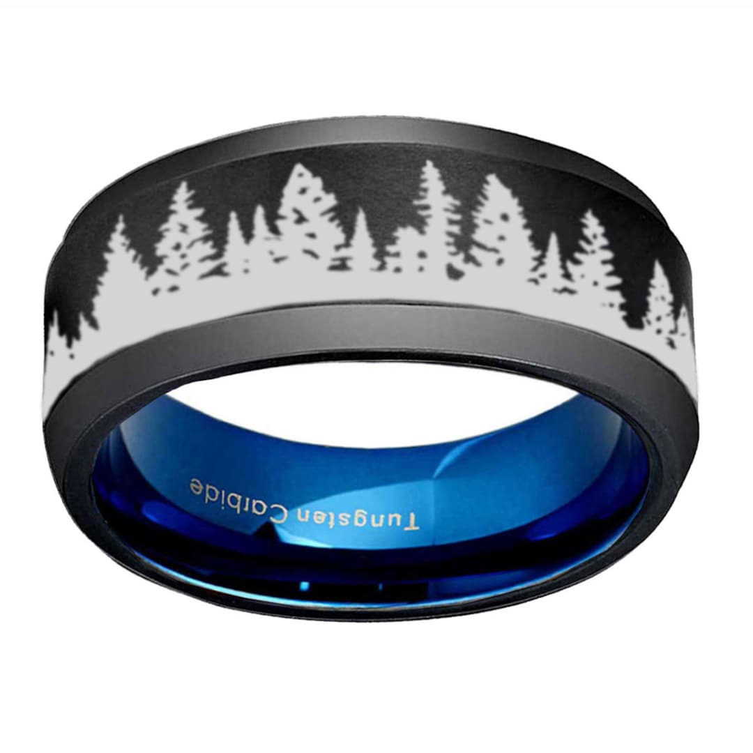 8mm Tungsten Pine Tree Ring, Beveled Black Tungsten Wedding Band Tree ...