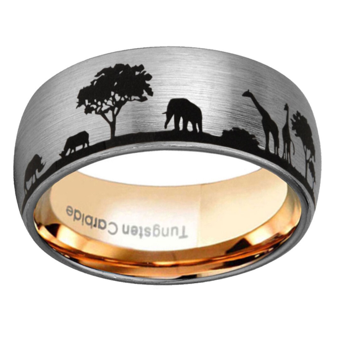 African Safari Ring, 8mm Dome Rose Gold Tungsten Outdoor Nature Anniversary Ring, Customized ...