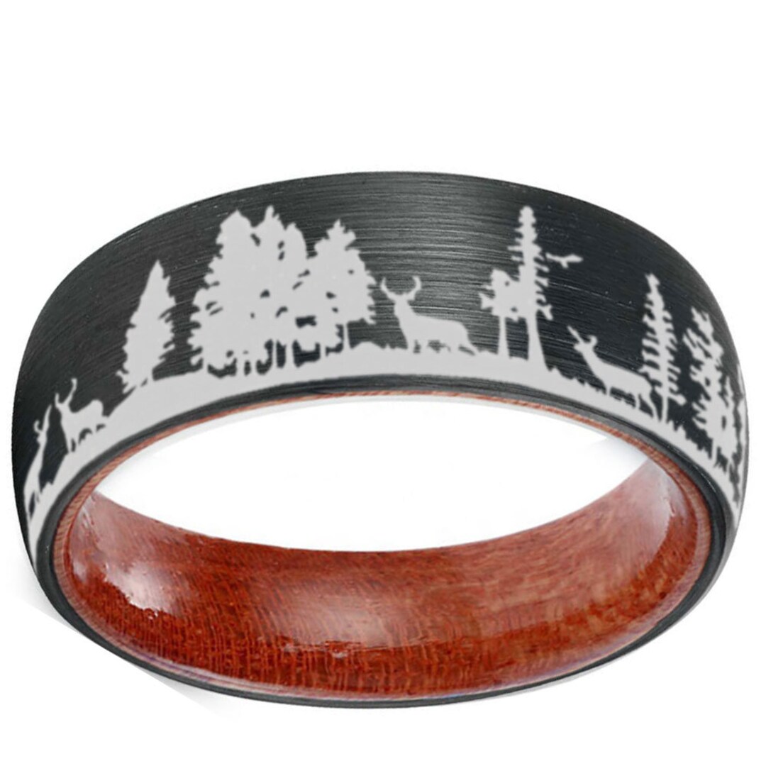 Deer Hunting Rose Wood Ring, Black Tungsten Elk Antler Ring, Moose ...