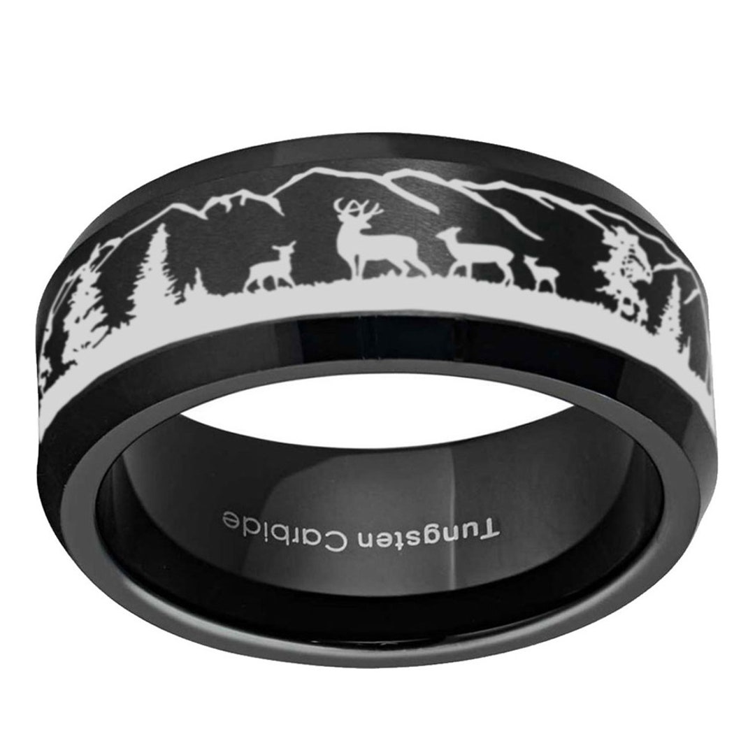10mm Tungsten Deer Family Hunting Scene Ring, Beveled Black Tungsten ...