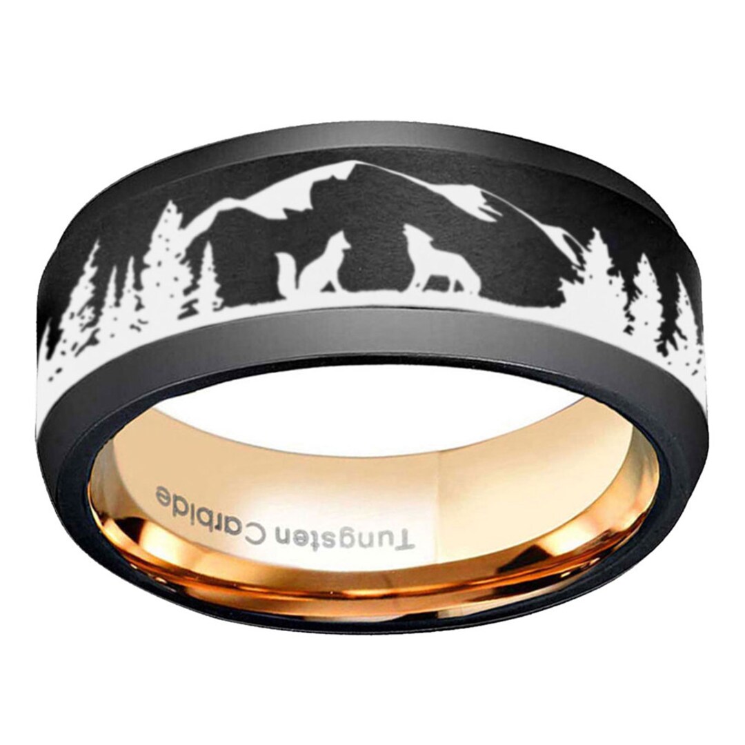 Coyote and Howling Wolf Ring, Beveled Rose Gold Tungsten Forest ...