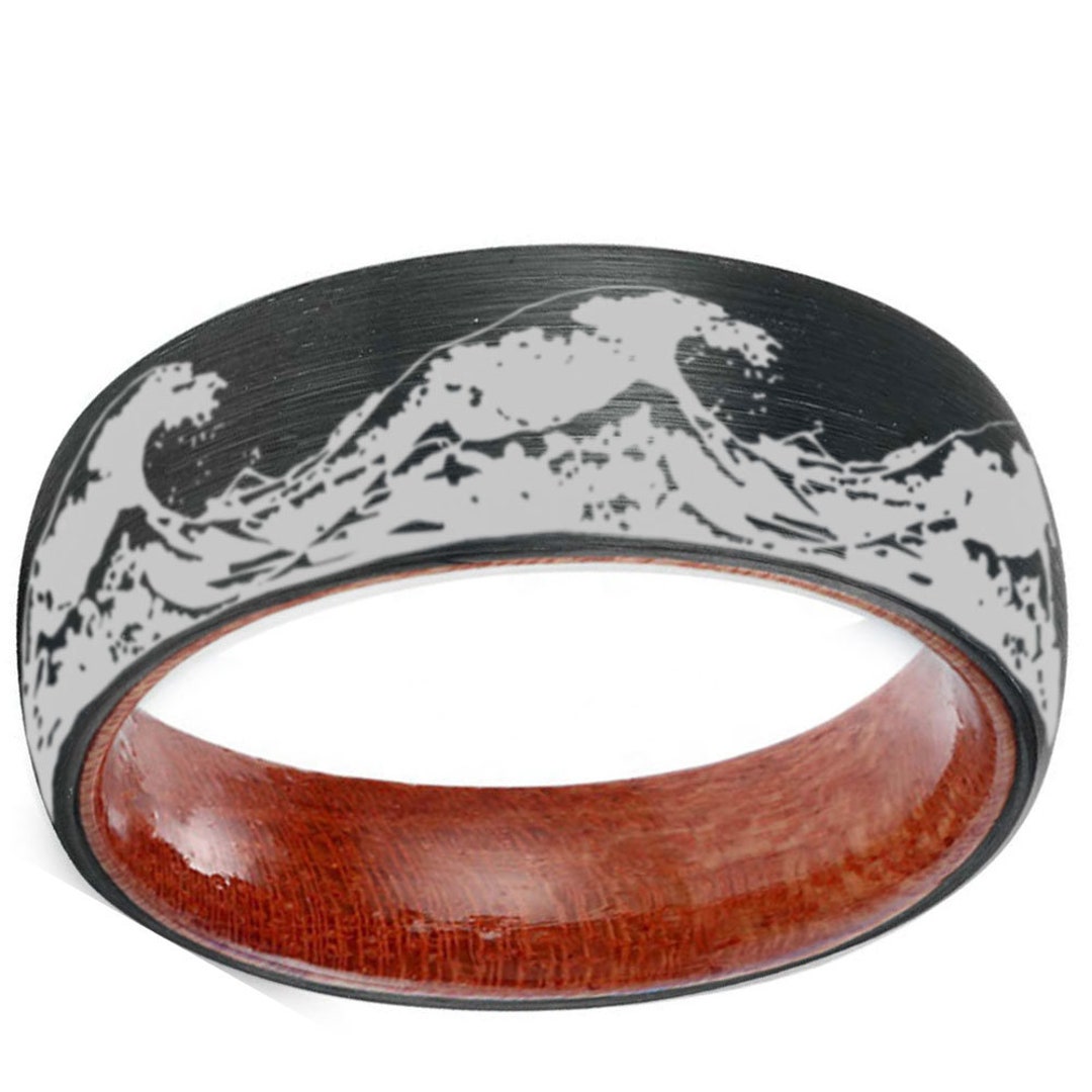 Ocean Wave Pattern Ring Dome Wood Sleeve Inlay Tungsten Wave - Etsy