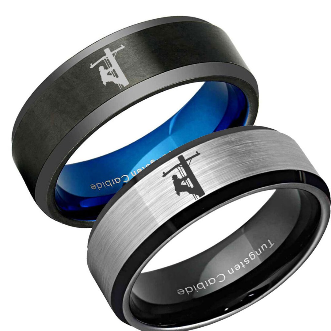 8mm Lineman Design Tungsten Ring, Beveled Blue Black Tungsten ...