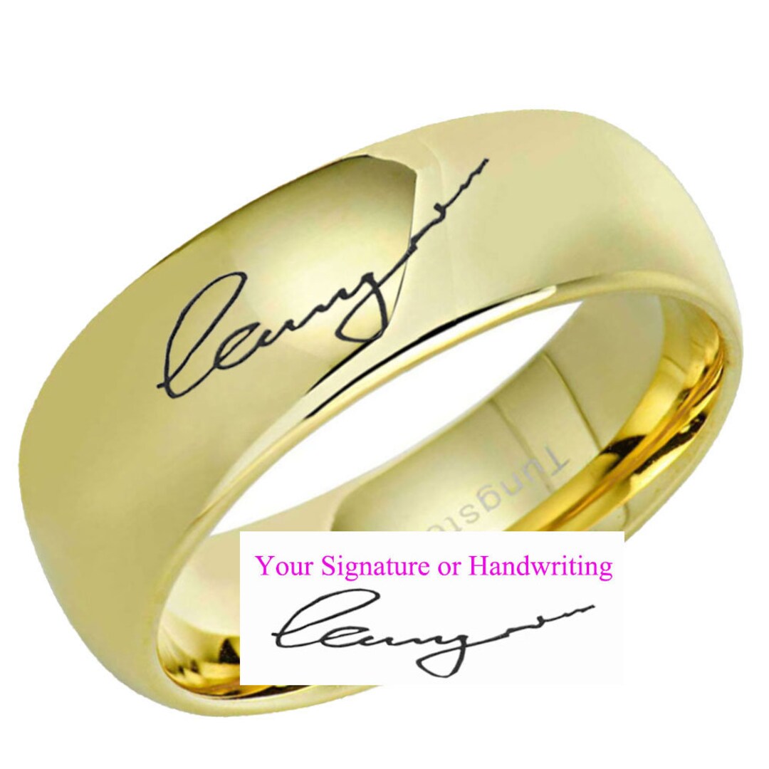 Signature Tungsten Ring Dome Yellow Gold Tungsten Handwriting - Etsy