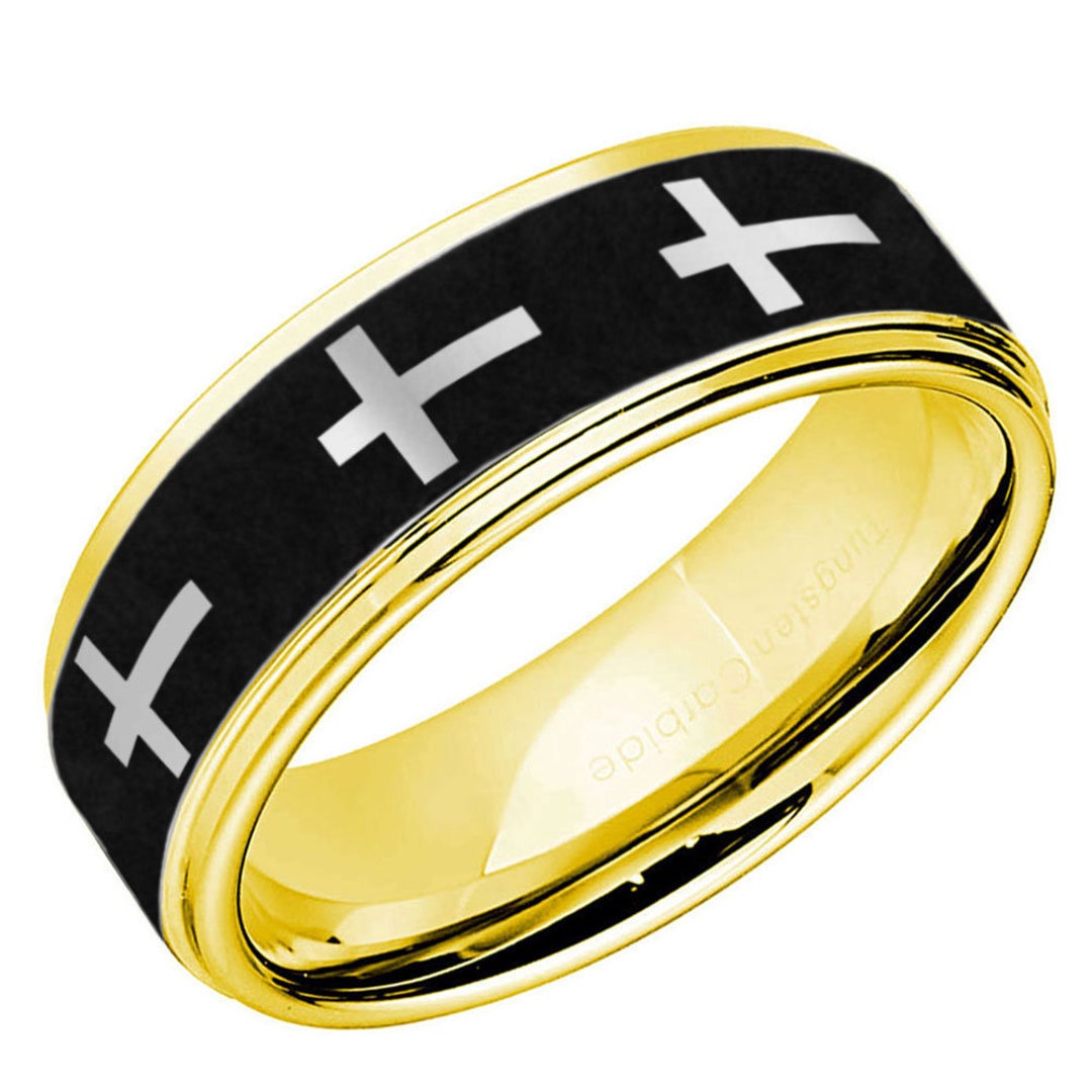 Black and Gold Tungsten Christian Cross Ring, 8mm Black Tungsten Cross ...