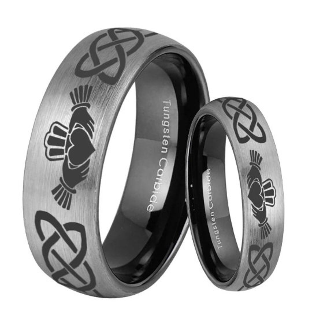 His Hers Irish Claddagh Ring Sets, Dome Black Silver Tungsten Celtic ...