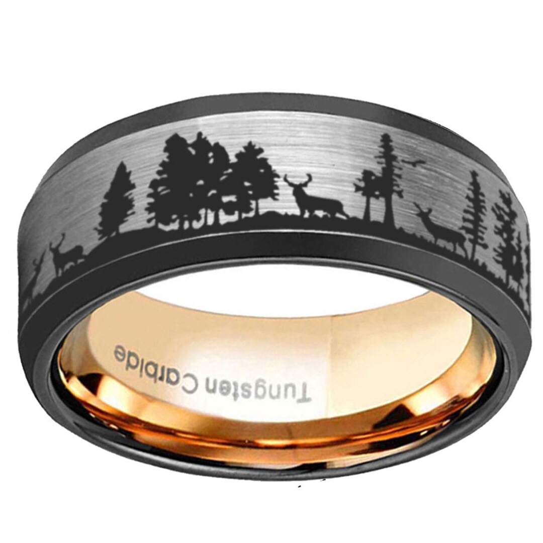 8mm Deer Scene Tungsten Ring, Deer Hunting Antler Ring, Forest ...